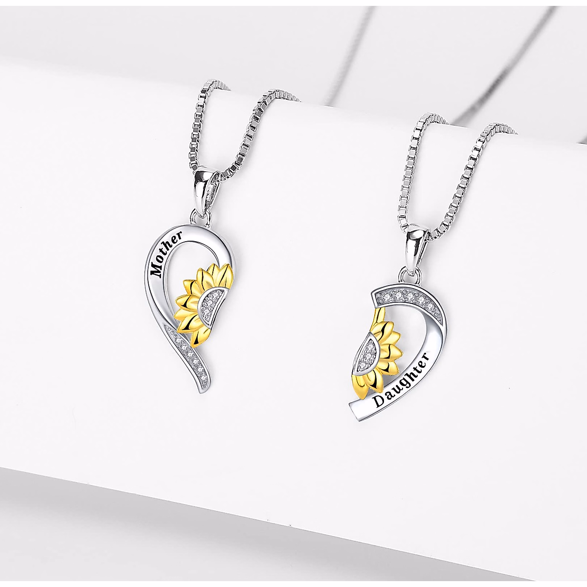 CUSUA Mother Daughter Necklace 925 Sterling Silver Sunflower Heart Matching Pendant Necklace Set for 2 | Mothers Day Gifts From Daughter Unique