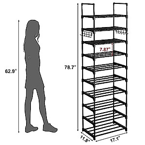 Fixwal 10 Tiers Shoe Rack for Closet, Tall Shoe Organizer Storage Shelf for 20-24 Pairs of Shoes and Boots, Narrow Metal Shoe Shelf with Hooks for Entryway Bedroom Hallway (Black)