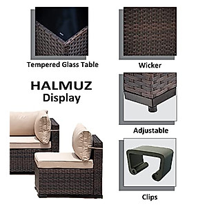 Halmuz 8 Piece Outdoor Patio Furniture Set with Gas Fire Pit Table, Wicker Propane Fire Pit Table Combo Sofa with Windshield and Coffee Table (Brown)