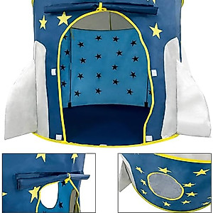 FoxPrint Rocket Ship Tent - Space Themed Pretend Play Tent - Space Play House - Spaceship Tent For Kids - Foldable Pop Up Star Play Tent Blue