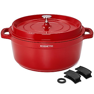 ROSSETTO 6QT Dutch Oven Pot with Lid, Ceramic Dutch Oven with Silicone Assist Handle Holder, Dishwasher Safe, Oven Safe, Non-Stick & Non-Toxic Bread Dutch Oven for Baking, Brasing, Soups, Red