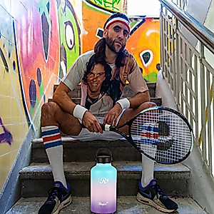 Insulated Half Gallon Water Bottle with Straw, Sleeve & 2 Lids, Rogisi 64oz Stainless Steel Gallon Water Jug Wide Mouth Vacuum Metal Thermo Mug with Carrier Keep Cold for 48 Hrs or Hot for 24 Hrs