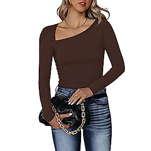 REORIA Women's Casual Classy Asymmetrical Neck Long Sleeve Ribbed Slimming Thong Leotards Bodysuit Tops Coffee Large