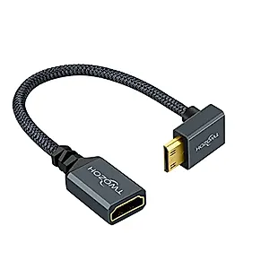 Twozoh Angled Mini HDMI to HDMI Adapter Cable 0.6FT，Nylon Braided Downward Angled 90° Degree Mini HDMI to HDMI Extension Cable Support 3D/4K 1080p