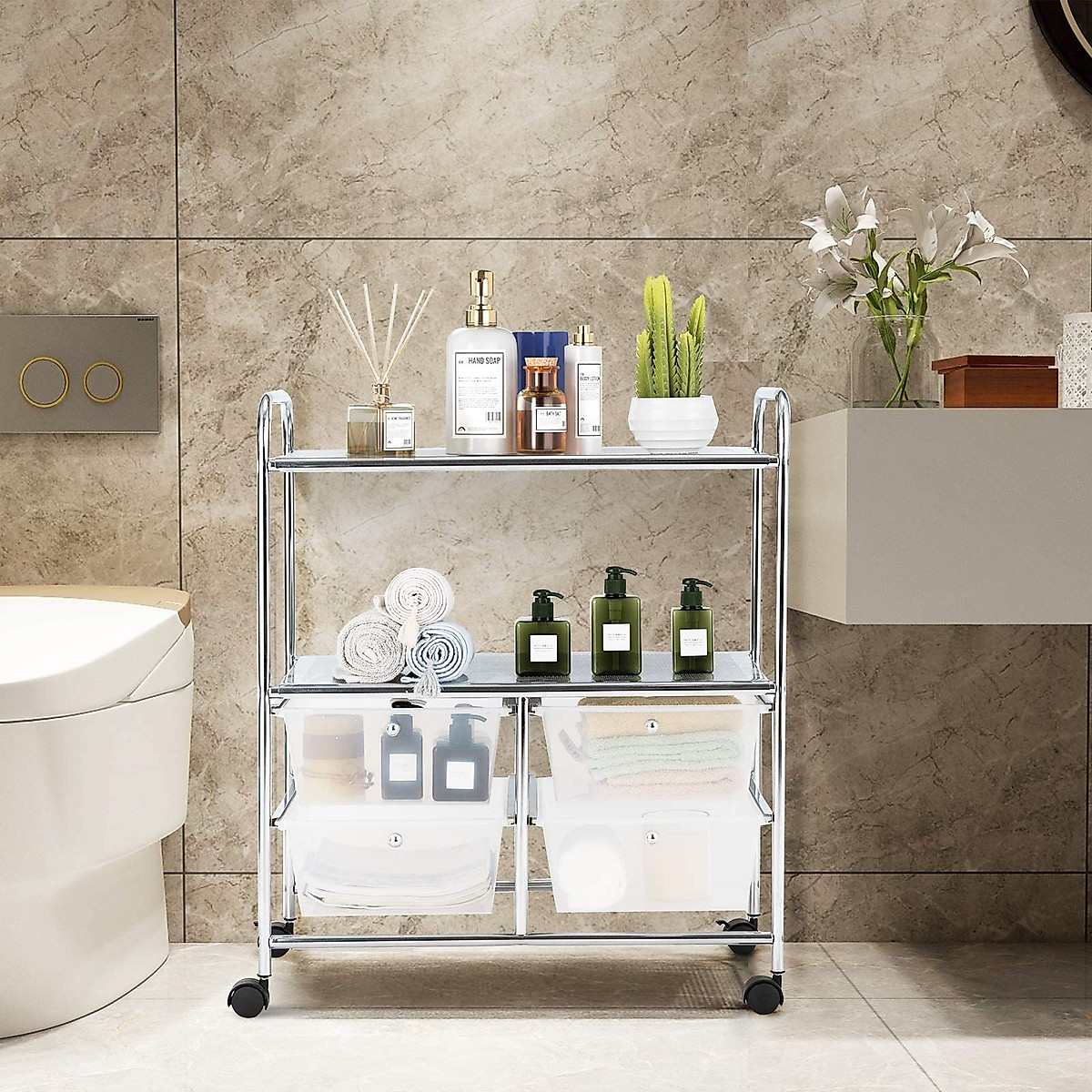 RELAX4LIFE Storage Cart W/Four Drawers, Wheels and Two Shelves, Stable Steel Frame Craft Cart for Office,Home, Make Up Storage and Files Arrangement Storage Cart Organizer (Clear)