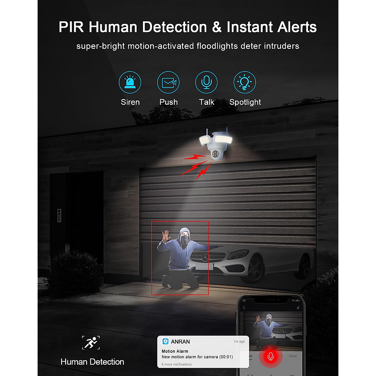 ANRAN Floodlight Security Camera Wireless Outdoor with 360° View Pan/Tilt, 2K Solar Powered WiFi Camera, IP65 Smart Lighting Cam, Color Night Vision, 120dB Siren, Two Way Audio, PIR Motion Detection