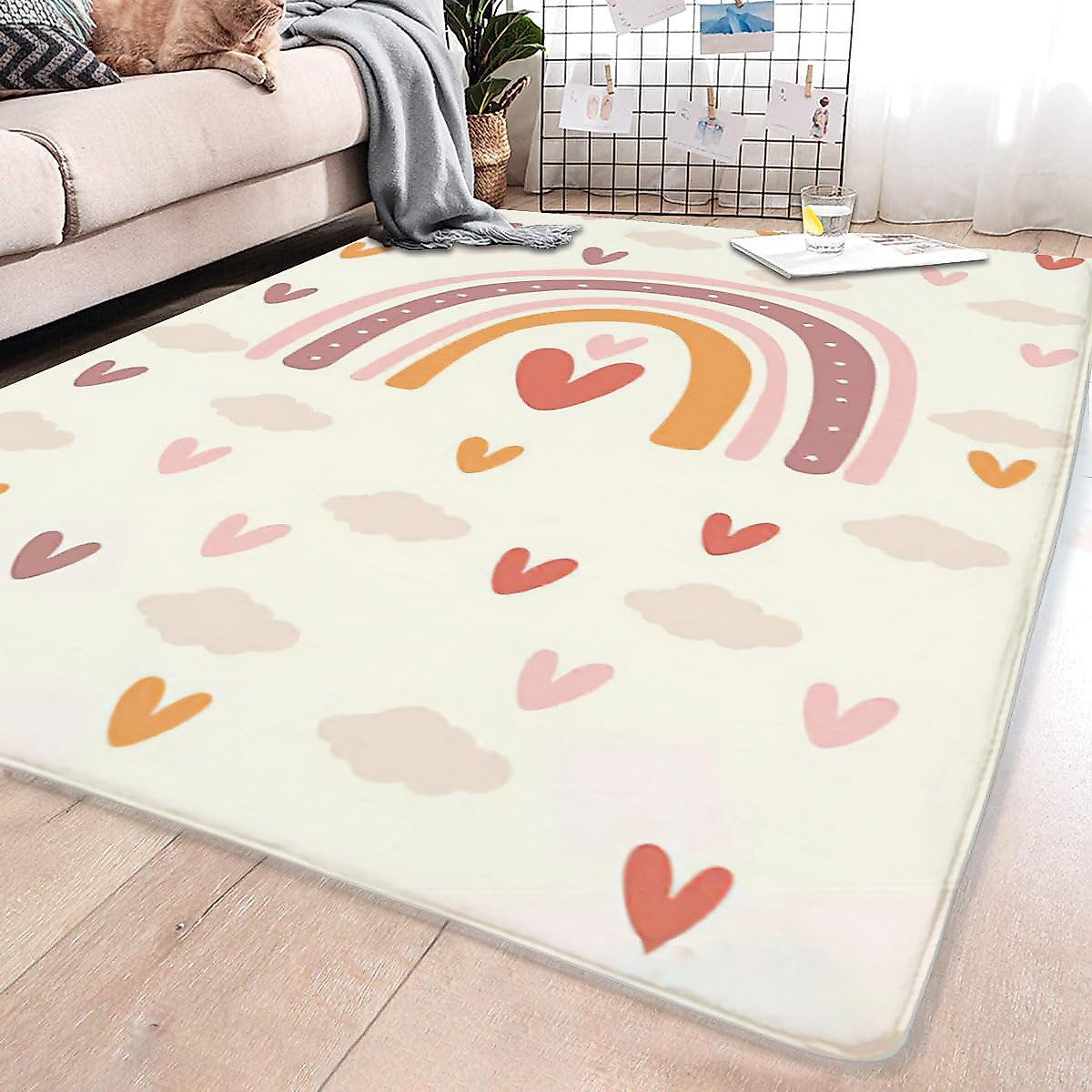 MELONE Rainbow Rugs 8-12 Years Old Girls Room Decor Kawaii Rug for Living Room Bedroom Classroom Kid's Rainbow Room playroom Decor Soft Non-Slip Polyester Fluffy Pink Small 31.5x19.7in
