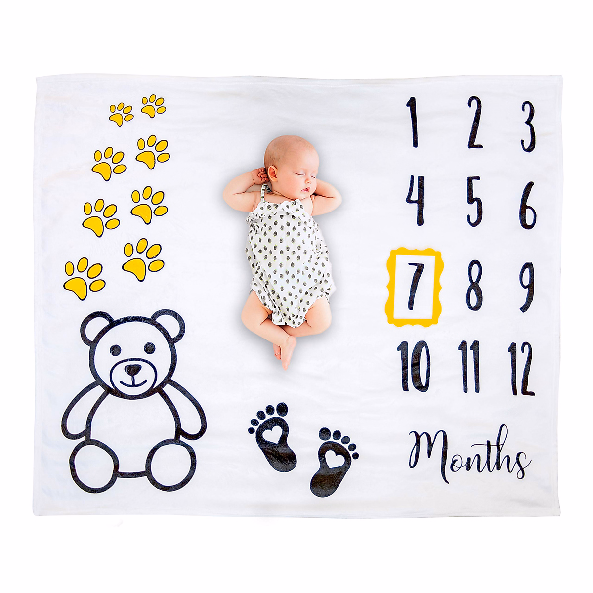Baby Milestone Blanket for Baby Boy, Girl, Super Soft Teddy Bear & Paw Print Large Fleece, 47” x 43”, Includes Frame