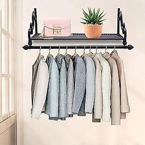 RustyVioum Wall Mounted Clothes Shelf, 80x28cm Retro Garment Shelf Clothes Organizer Shelf, Metal Closet Organizer Bedroom Coat Hanging Rack, Black
