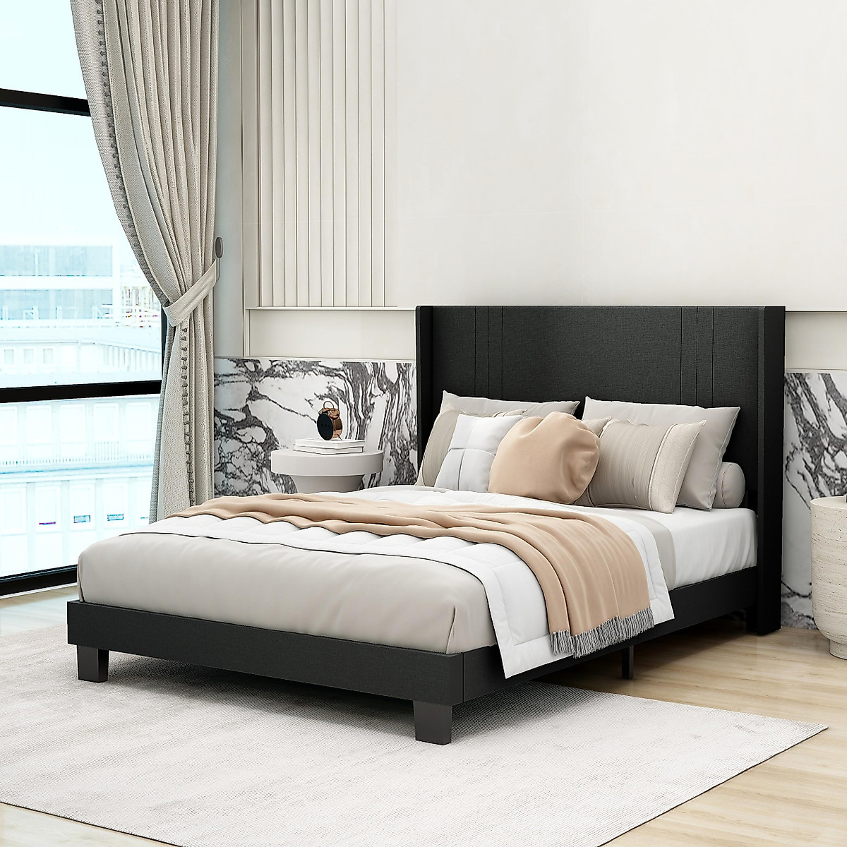 Tuconia Upholstered Platform Full Bed Frame with Headboard Wooden Slats Support Easy Assembly No Box Spring Needed Black Linen