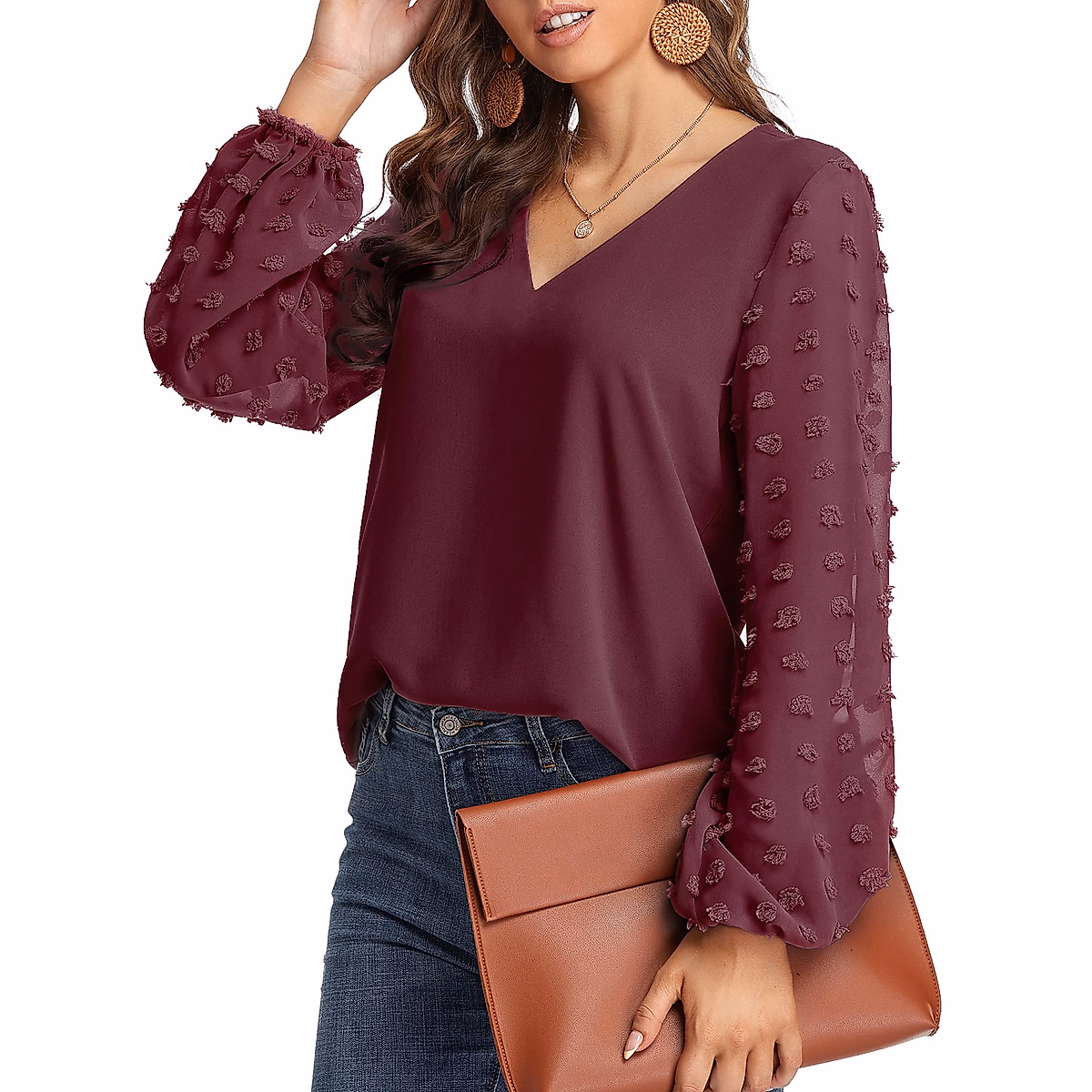 GOORY Women's Balloon Sleeve Chiffon Blouse Top Casual V Neck Swiss Dots Work Shirts, Wine Red XL