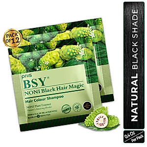 BSY Black Hair Magic Color Shampoo (12ml x 12 Sachets) | Ammonia-Free Permanent Noni Fruit Hair Dye for Men and Women | Natural 5-Minute Hair Color