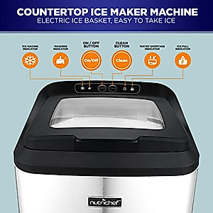 NutriChef Countertop Nugget Ice Maker Machine - Electric Nugget Ice Maker Countertop with Ice Scoop and Basket, Includes Rear-Mounted Hose Drainage, Compact, Convenient, and Incredibly Fast - NCICNUG