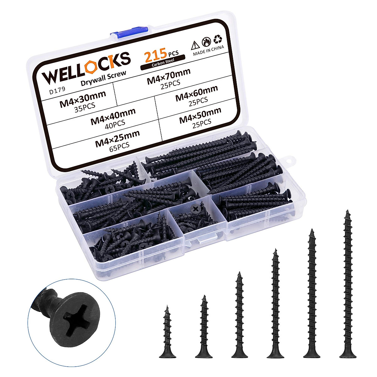 WELLOCKS Drywall Screws 215 PCS M4×25mm to 70mm Wood Screws Self Tapping Assortment Steel Black Bugle Head Coarse Phillips Sharp Point Fast Drilling for Home Handmade Repair Installation(D179)