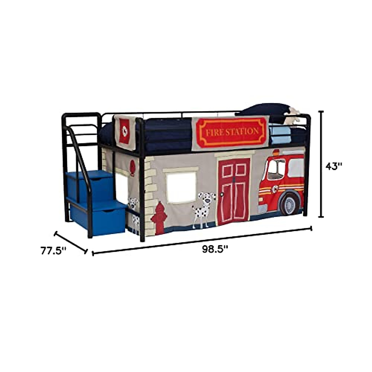 DHP Junior Twin Metal Loft Bed with Slide, Multifunctional Design, Silver with Blue Slide & Fire Department Design Curtain Set for Junior Loft Bed, Kids Furniture, Blue