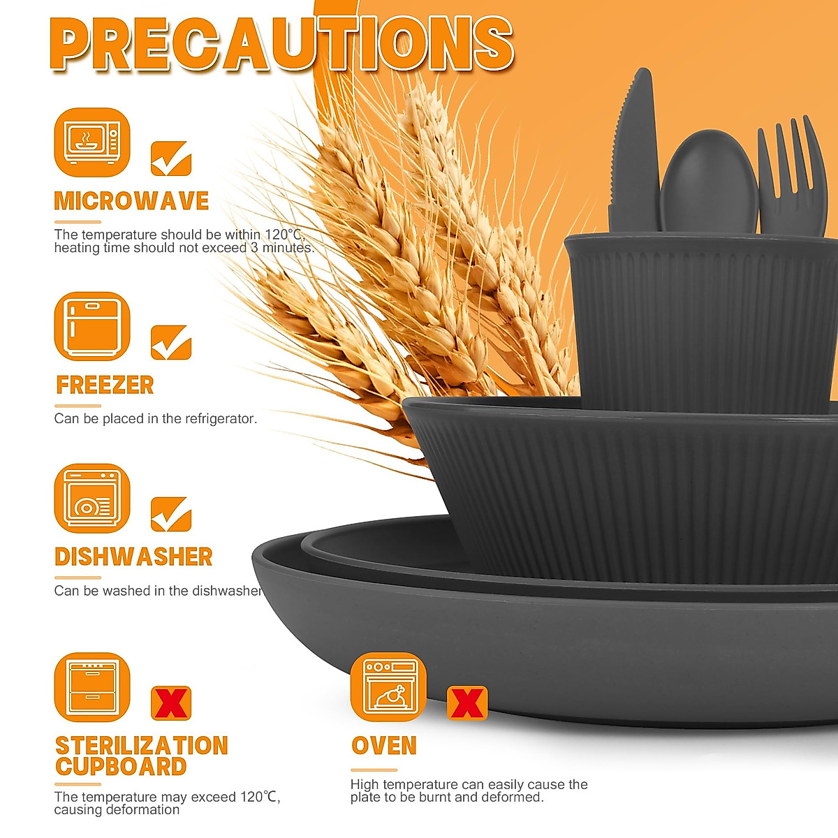 42 Pieces Wheat Straw Dinnerware Set - OAMCEG Plastic Dinner Set for 6, Kitchen Plates and Bowls Set, College Dorm Microwave Dishes, Unbreakable Plastic Outdoor Camping Dishes, Black