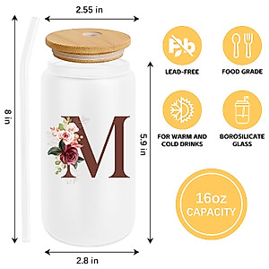 Birthday Gifts for Women, Personalized Gifts for Women, Monogrammed Initial Glass Cup - 16oz Glass Cups with Lids and Straws, Iced Coffee Cup, Beer Can Shaped Glass - Personalized Christmas Gifts M