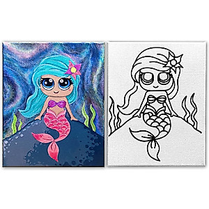 INDIGO ART STUDIO 8" by 10" Pre Drawn Canvas 12 Acrylic HIGH Quality Colors 2 Paint Brushes Smock Painting for Kids | 4-40 PACK Discounted Bundle | Mermaid Under Water Magic Coloring (8x10 Inches)