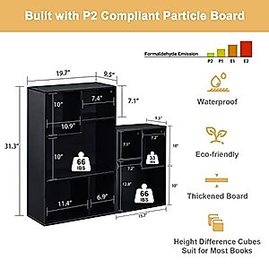 Vecelo 3 Cube Bookcase Sets of 2, Small Bookshelf with Height Difference Shelves for Common Books, 4-Tier 7 Cubes Book Case Storage Organizer freestanding,Black