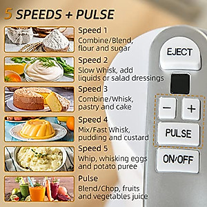 HOMCOM 5-in-1 Electric Hand Mixer, Handheld Mixer with Measuring Cup, 300W Immersion Blender with 5+1P Speeds, Dough Hooks, Chopper, Whisk and Mixers for Meat, Fruit, Mashed Potato and Milkshake