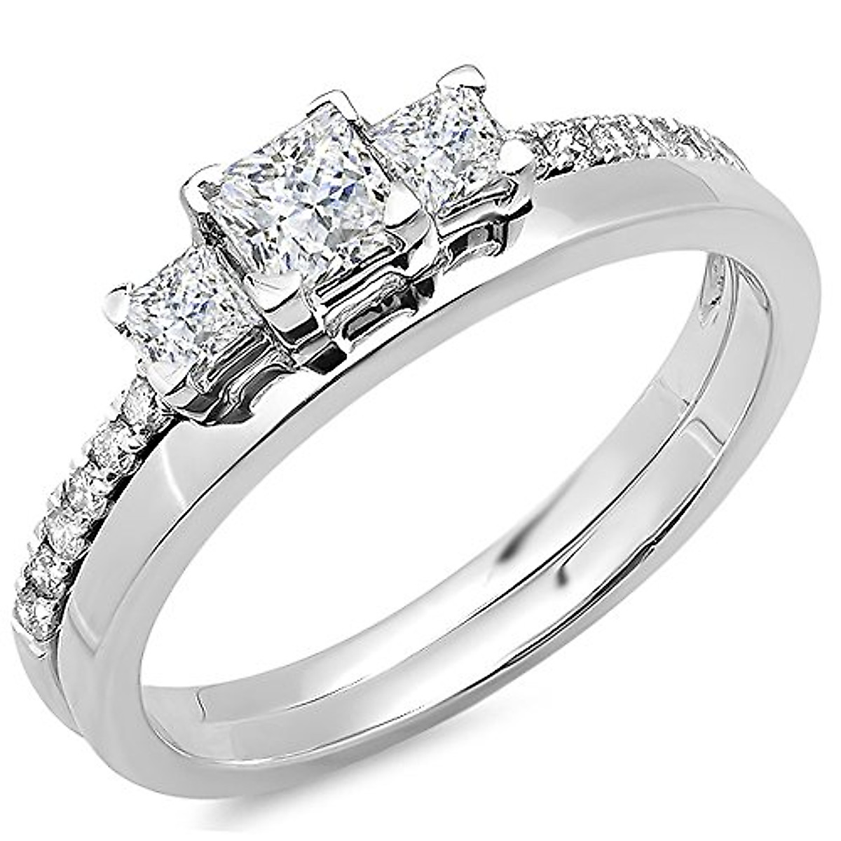 Dazzlingrock Collection 0.85 Carat (Cttw) 14K Princess & Round Diamond Women 3 Stone Engagement Ring Set, White Gold, Size 7