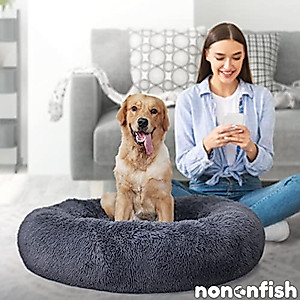 Round Dog Beds for Large Dogs Washable Shag Faux Fur Donut Cuddler 48 inches - Primarily Calming Anti Anxiety Soft Warm Pet Bed for Large Dogs up to 150 Pounds