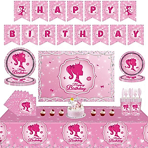161CT Pink Girl Babe Happy Birthday Party Supplies Babe Head Paper Plates Cups Straw Napkins Spoon Fork knives Tablecloth Hot Pink Girl Party Decorations Tableware for 20 Guests for Bday Baby Shower