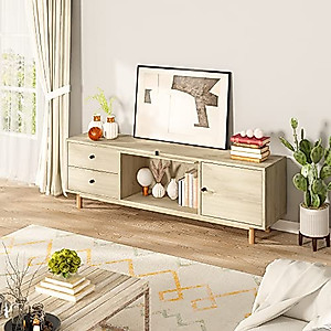 AWQM Rattan TV Stand for 70 Inch TV, Entertainment Center Cabinet with 2 Drawers and Cabinet Storage, Farmhouse TV Console Table for Living Room or Media Room, Oak