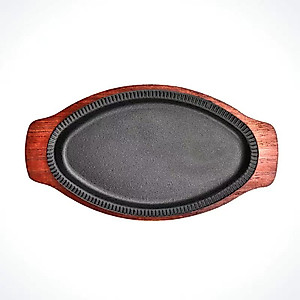 YYJINGYOU Cast Iron Steak Fajita Plate Set with wood Plate for Steak Pizza (11 x 7 inch)