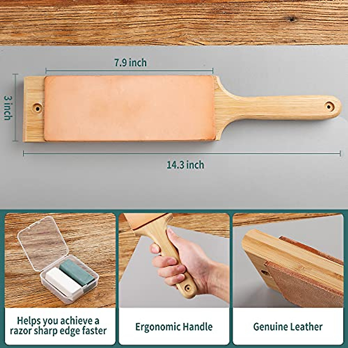 ANGERSTONE Double Sided Leather Strop Kit(14.3" x 3" Knife Stropping Leather）with Ergonomic Handle - Knife Strop for Sharpening Knives, Wood Carving Chisels, Buffing Compound Included