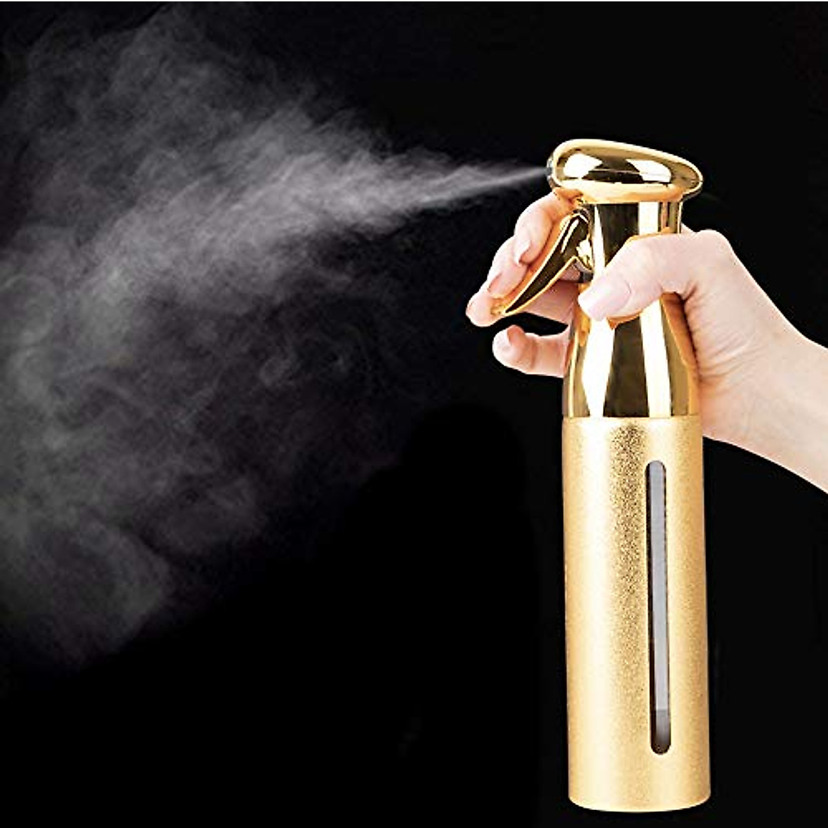 Salon Style Hair Spray Bottle (10oz) Patent – 360 Ultra Fine Water - Continuous Aerosol Free Trigger Mist Sprayer Bottle by Beautify Beauties (Gold)