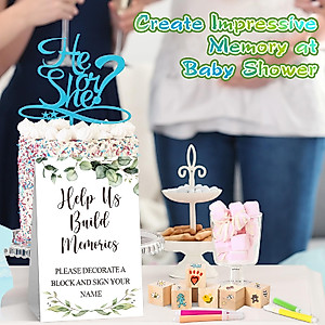 Dinifee 125 Pcs Baby Shower Decorate a Block Game Set Includes Help Us Build Memories Sign 100 DIY Blank Wooden Block 24 Paint Marker Baby Shower Prize for Wedding Baby Shower Game (Leaves)