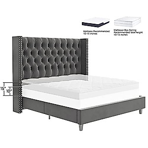 Jocisland King Bed Frame Wingback Headboard Upholstered Bed Velvet Tufted Deep Button/No Box Spring Needed/Easy Assembly/Dark Gray