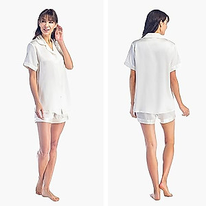 Fishers Finery Women's 100% Mulberry Silk Short Pajama Set; Button Down Short Sleeve Top with Shorts(White, L)