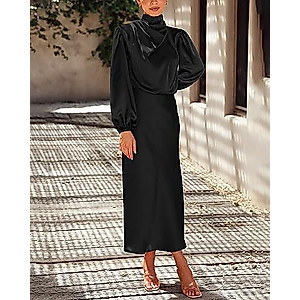 BTFBM Women's Mock Neck Satin Dress Elegant Long Sleeve Elastic High Waist Formal Wedding Cocktail Party Maxi Dresses(Solid Black, Medium)