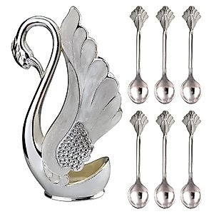Swan Base Holder with 6pcs Coffee Dessert Dinner Spoon Set, Metal Coffee Spoon Organizer Teaspoon Fruit Dessert Flatware Sugar Ice Cream Spoons (Silver)
