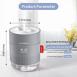 SmartDevil Small Humidifiers, 500ml Desk Humidifiers, Whisper-Quiet Operation, Night Light Function, Two Spray Modes,Auto Shut-Off for Bedroom, Babies Room, Office, Home (Gray)