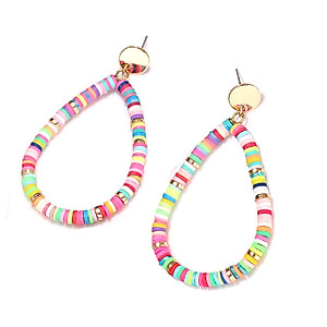 XOCARTIGE Heishi Bead Drop Earrings Colorful African Vinyl Beaded Hoop Dangle Earring Studs for Women Bohemia Summer Beach Accessory (A Rainbow)