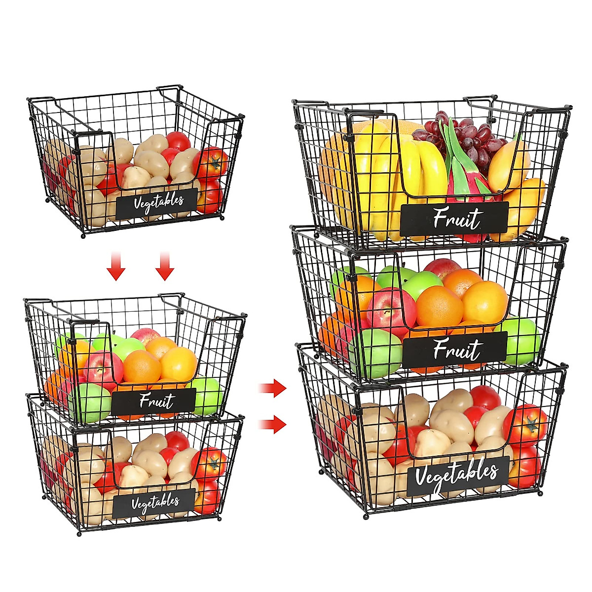 3 Tier Foldable Wire Basket XXXL Size, Stackable Fruit Vegetable Storage Basket with Name Plate Standing Metal Mesh Bin Organizer for Kitchen Counter Pantry Cabinet 14.1''L x 12.5''W x 23.6''H