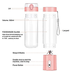 Portable Blender, Blender for Shakes and Smoothies, Personal Blender, battery operated blender, 500ml double cups with Interchangeable Lids with 6 Blades for Kitchen Breakfast ,Traveling, Outdoor, Gym, Office