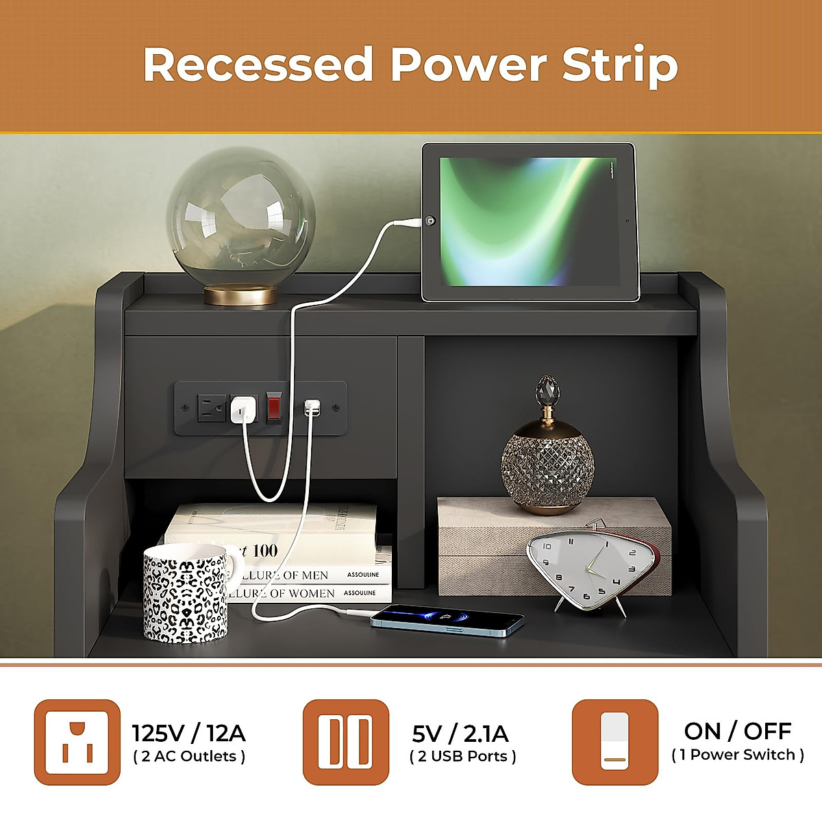 Tiptiper Black Nightstand with Charging Station 3 Drawers, Wood Sofa End Side Table with USB Ports and Outlet, Bedside Table Bedroom Nightstand with Sliding Drawer & Hutch