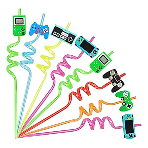 24pc Video Game Party Favors, Game Controller Drinking Straws as Birthday Party Supplies Decorations for Boys Goodie Gifts for Kids with 2 PCS Cleaning Brushes
