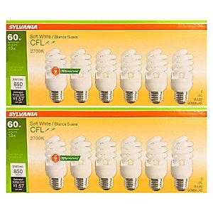 LEDVANCE (12 Bulbs) Sylvania CFL T2 Twist Light Bulb, 2700K Soft White, 60 watt Equivalent, Efficient 13 watts, 850 Lumens, Medium Base - 12 Pack Compact Fluorescent