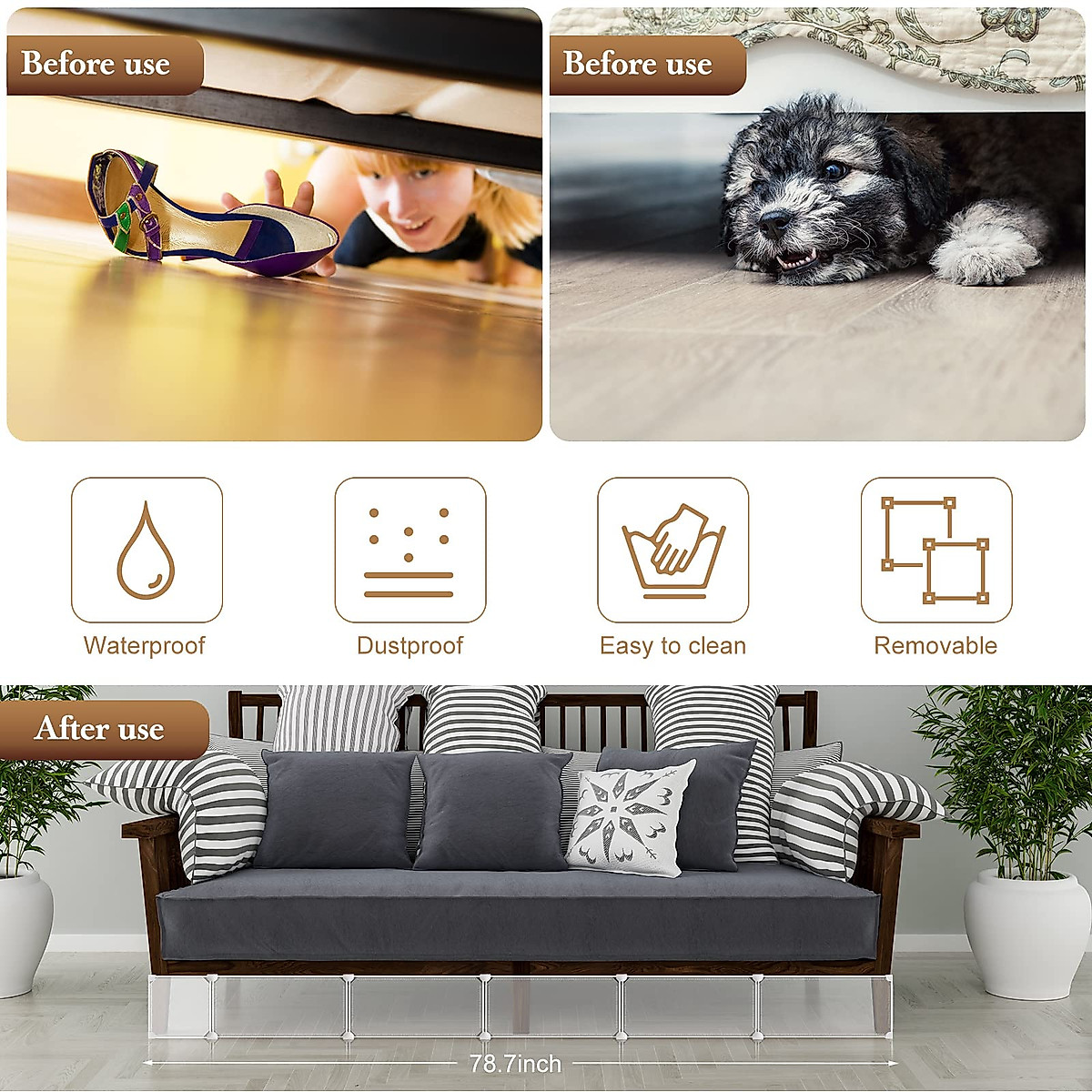 Tuanse 3 Sets Under Bed Blocker for Pet, Toy Blocker Under Couch Bumper Under Bed Barrier for Furniture, Stop Pets Toy Going Under Bed or Sofa, Easy to Install, 78.7" Length 7" Height