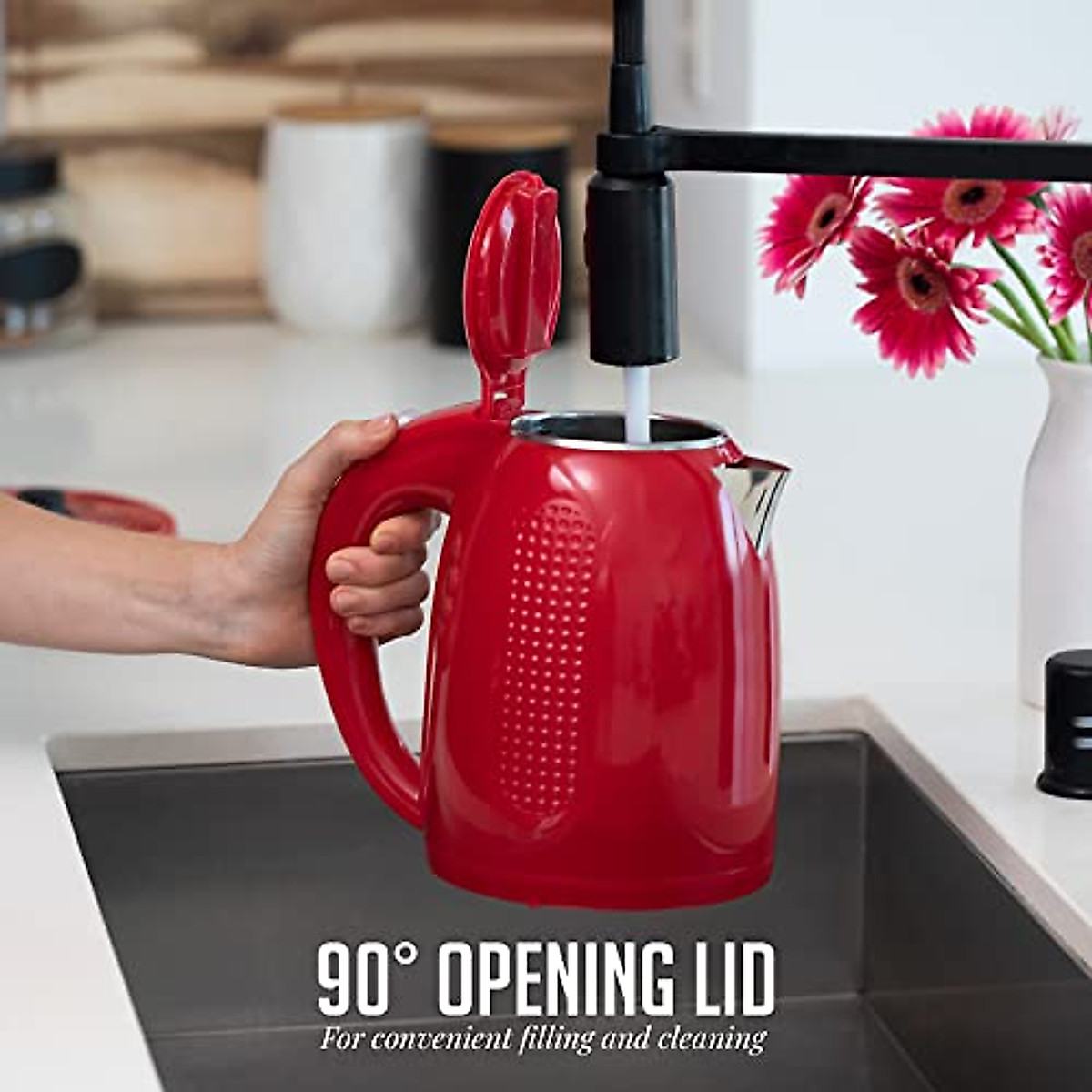 OVENTE Portable Electric Kettle Stainless Steel Instant Hot Water Boiler Heater 1.7 Liter 1100W Double Wall Insulated Fast Boiling with Automatic Shut Off for Coffee Tea & Cold Drinks, Red KD64R