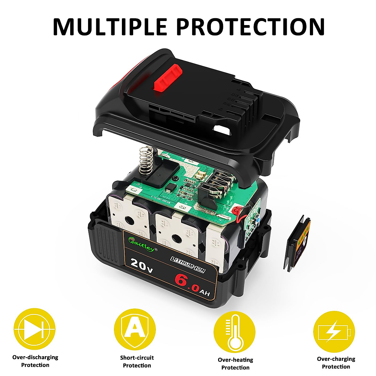 waitley 4 Pack 20V 6A Replacement Battery Compatible with Dewalt DCB200 DCB206 DCD DCF DCG Series Cordless Tools