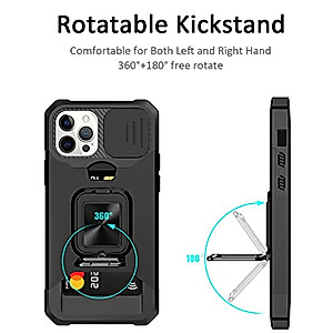 Nvollnoe for iPhone 11 Pro Max Case with Sliding Camera Cover and Card Holder Heavy Duty Protective iPhone 11 Pro Max Case with Ring Magnetic Kickstand Phone Case for iPhone 11 Pro Max 6.5''(Black)