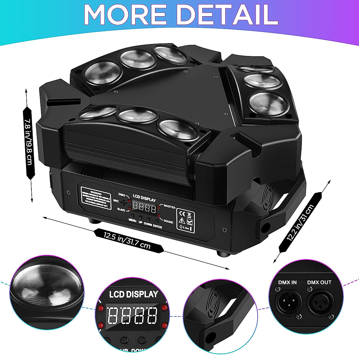 Spider Moving Head Lights, U`King DJ Lights 9 LEDs Heads X 10W RGB Stage Lighs 12/19 Channels DMX-512 and Sound Activated Great for Wedding Disco Party Light