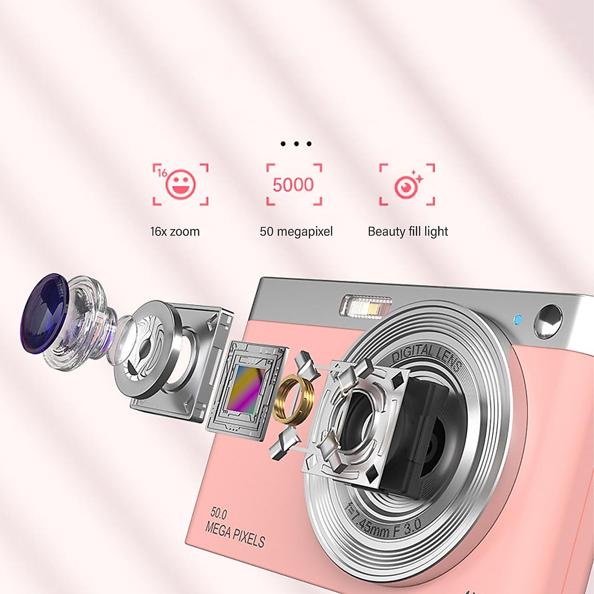 Digital Camera, 4K 50MP Vlogging Camera with 2.88inch IPS Screen, 16X Digital Zoom, Anti Shaking, Built in Fill Light, Compact Point and Shoot Camera for Students Teens Adults