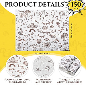 150 Pcs Deli Wax Paper Taco Wrapping Paper Mexican Festival Wax Paper Sheets for Food Greaseproof Paper Sandwich Picnic Food Basket Liners Wax Wrappers Bakery Tissue Sheets for Kitchen (Fiesta)